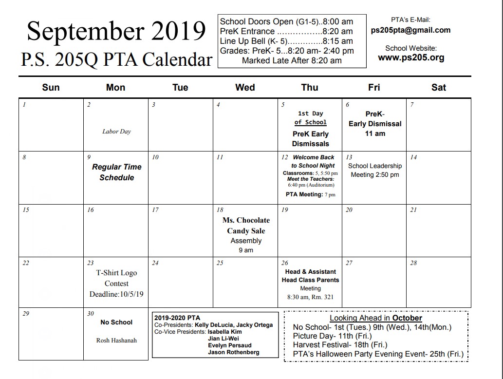 September 2019 Calendar – PS 205Q Alexander Graham Bell