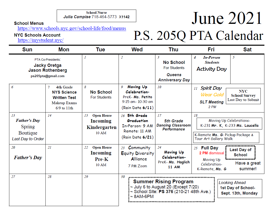 June 2021 Calendar – PS 205Q Alexander Graham Bell
