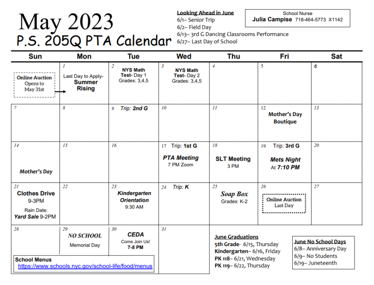 May 2023 Calendar – PS 205Q Alexander Graham Bell