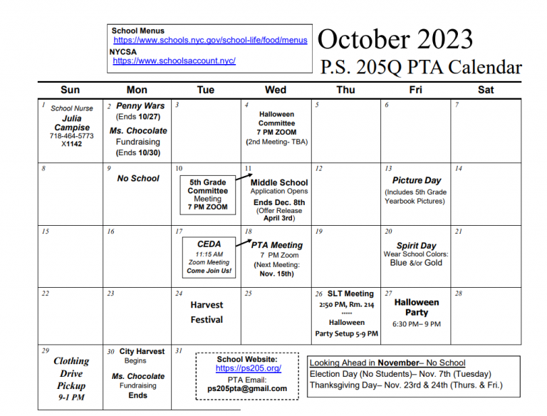 October Calendar 2023 – PS 205Q Alexander Graham Bell
